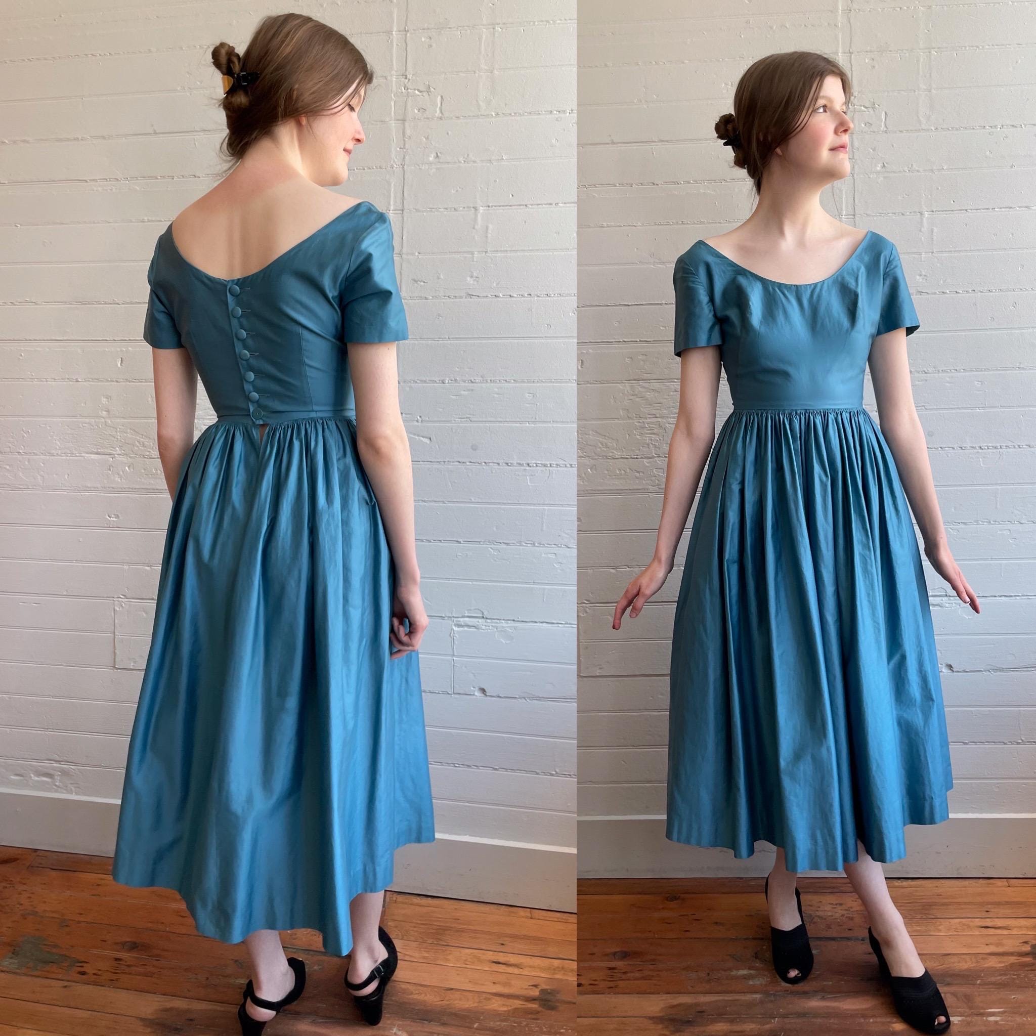1950s 50s Cyan Blue Dress With Full Skirt - XS - Etsy
