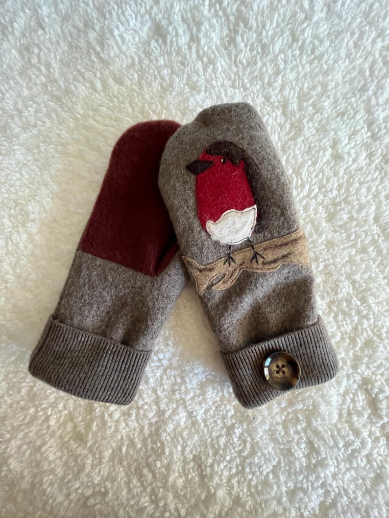 Red Bird Felted Wool Sweater Mittens - Etsy