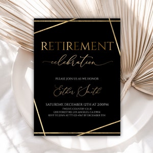 Editable Retirement Invitation Template, Black and Gold Retirement Party Invitation, Instant ...
