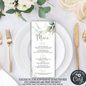 Greenery Menu Template, Editable Menu Cards, Menu Card Template, Dinner ...