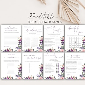 Editable Purple Floral Bridal Shower Games, Lavender Bridal Shower Game ...