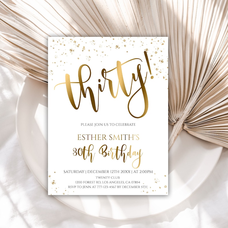 Editable 30th Birthday Invitation Template White Gold Thirty - Etsy