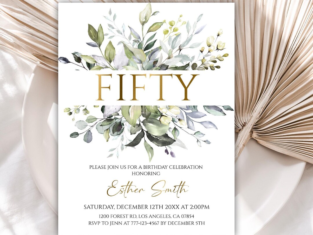 Editable 50th Birthday Invitation, Eucalyptus Birthday Invitation ...