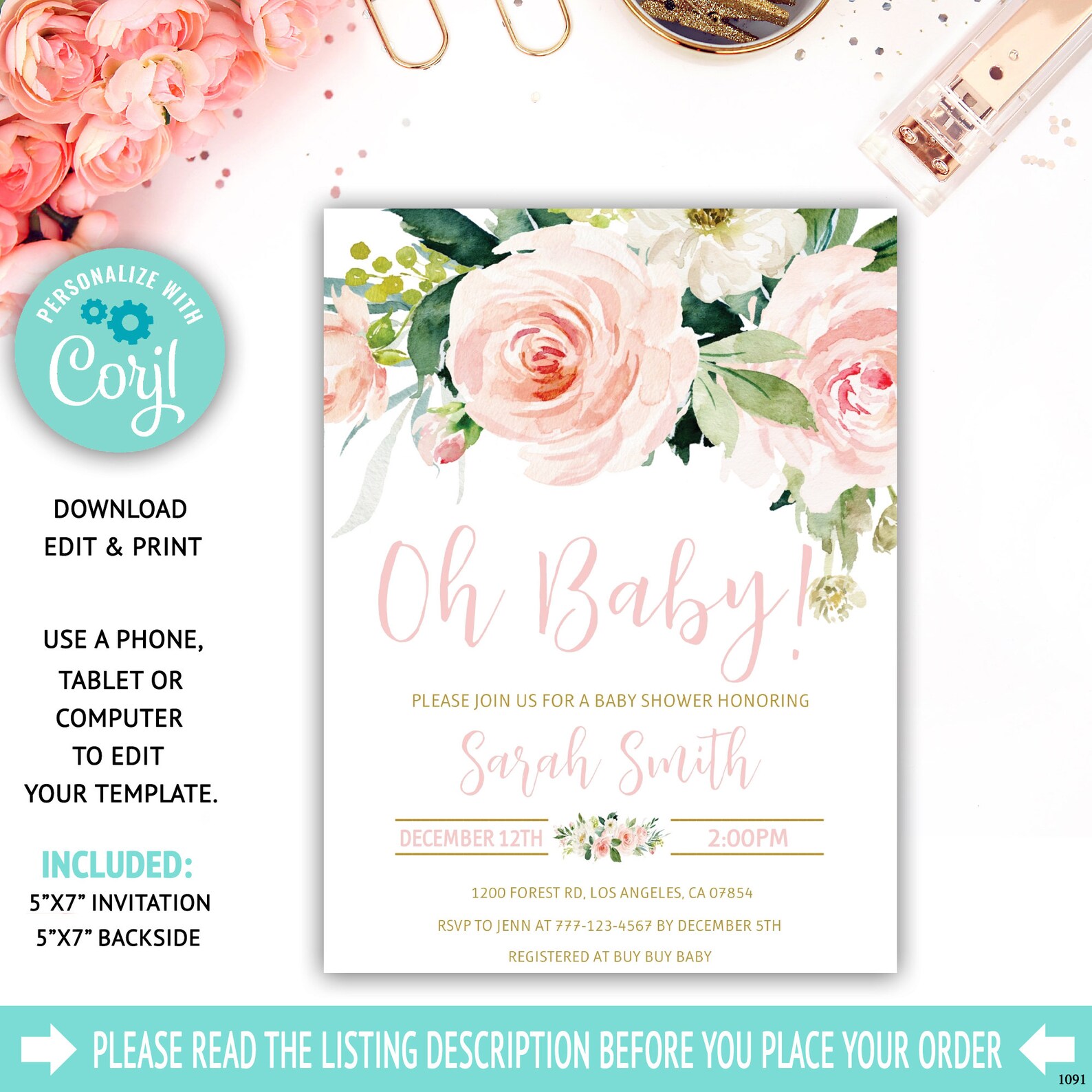 Pink Floral Oh Baby Invitation Template Set Oh Baby Shower | Etsy