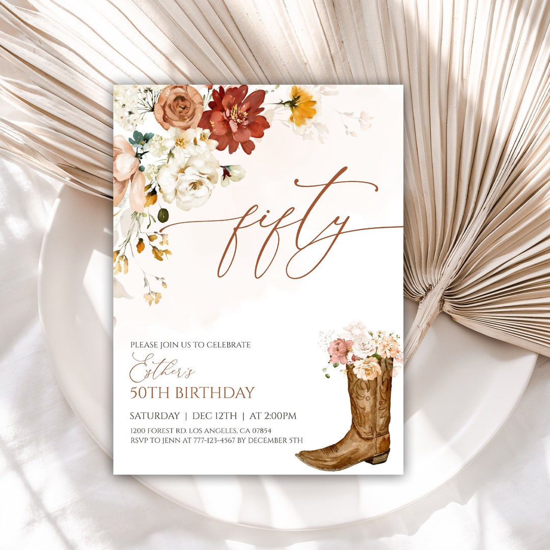 50th Birthday Party Invitation, Birthday Invitations, Cowgirl Boots ...