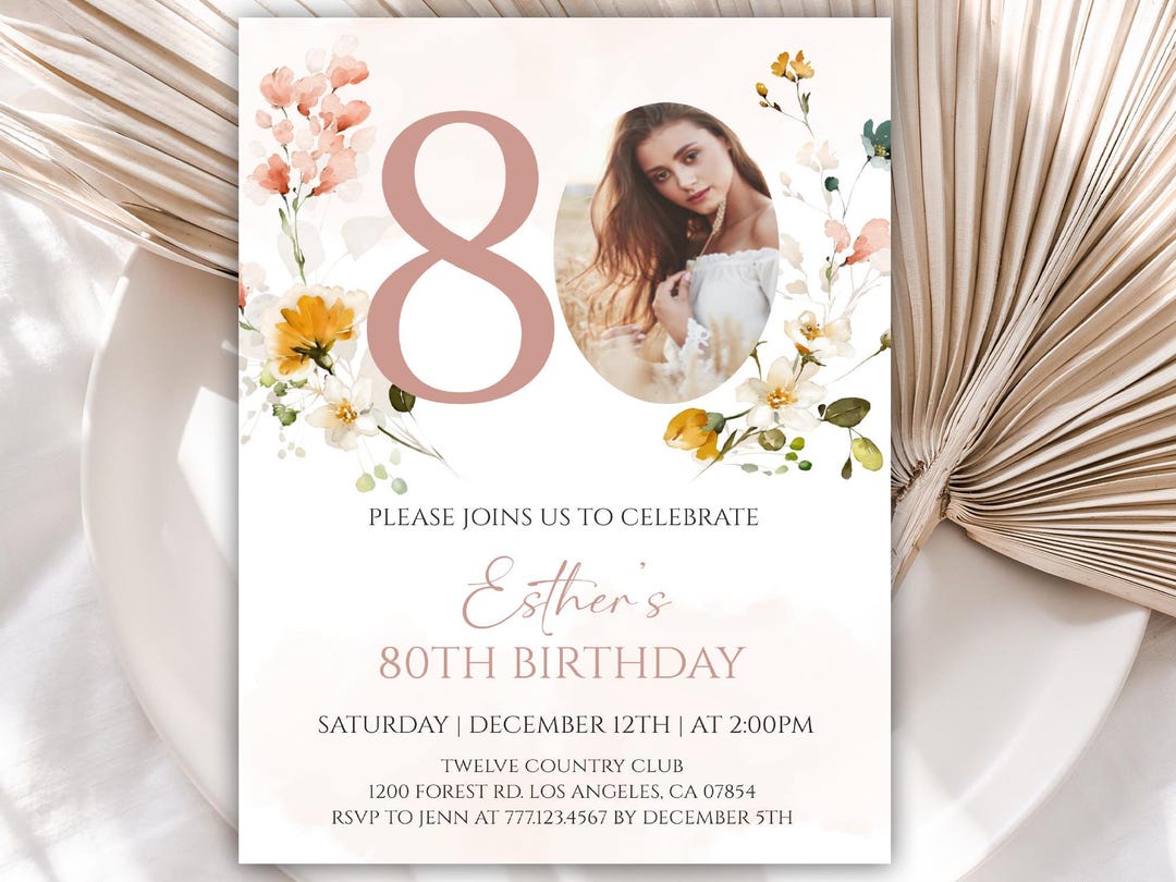 Editable 80th Birthday Invitation, Floral Birthday Dinner Invitation ...