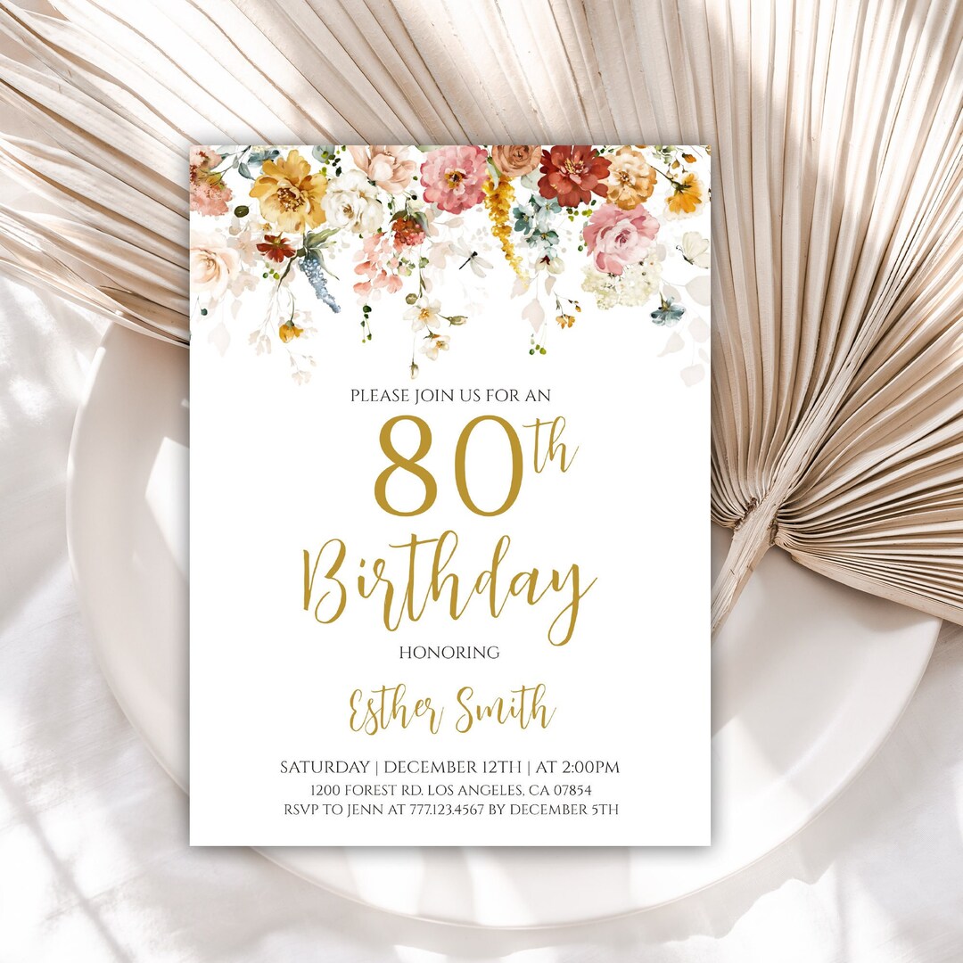 80th Birthday Invitation, 80th Birthday Invitations for Women, Flower ...