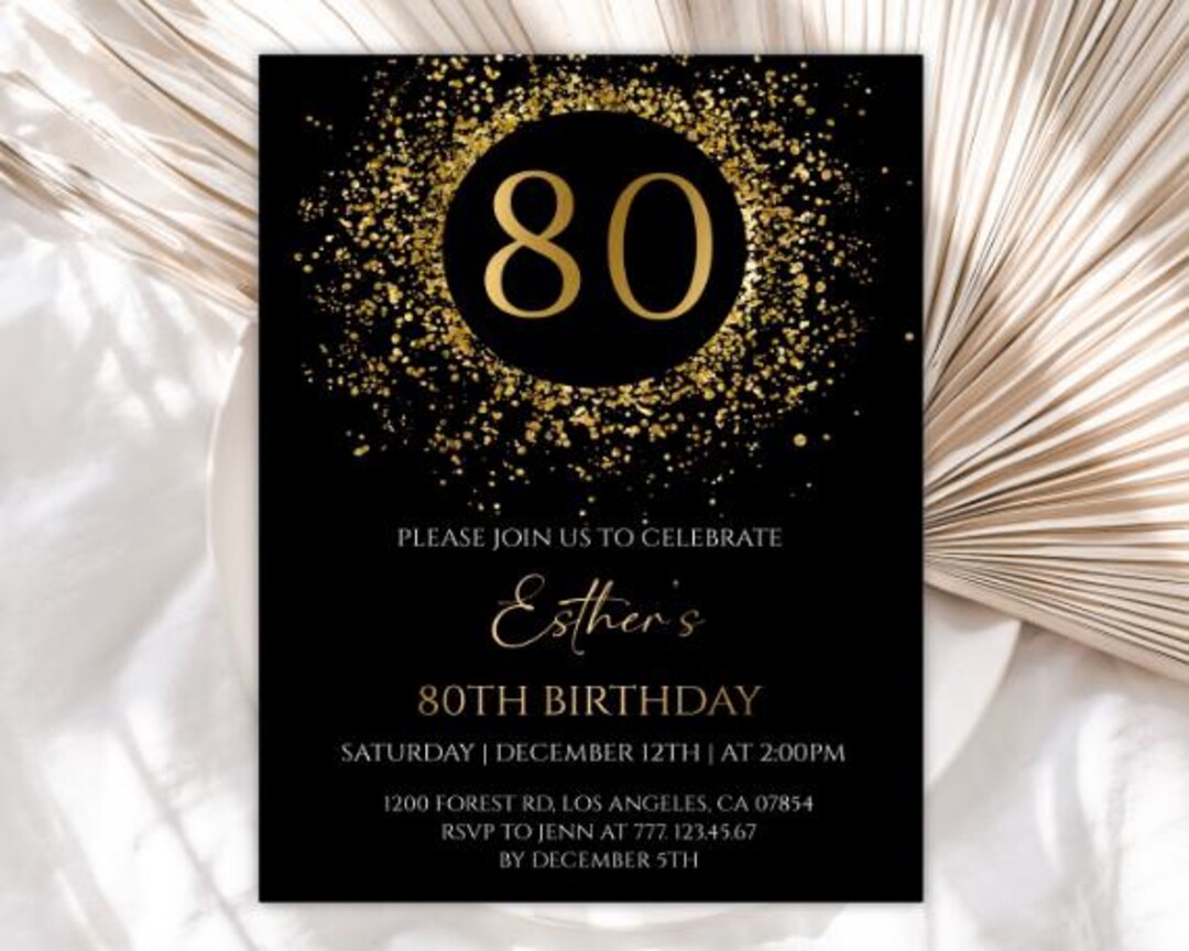 Editable Gold 80th Birthday Invitation, Gold Glitter Birthday Invite ...