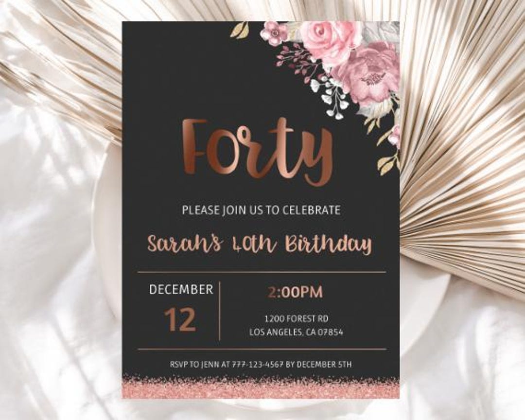 Editable Rose Gold Floral 40th Birthday Invitation, Rose Gold Birthday ...