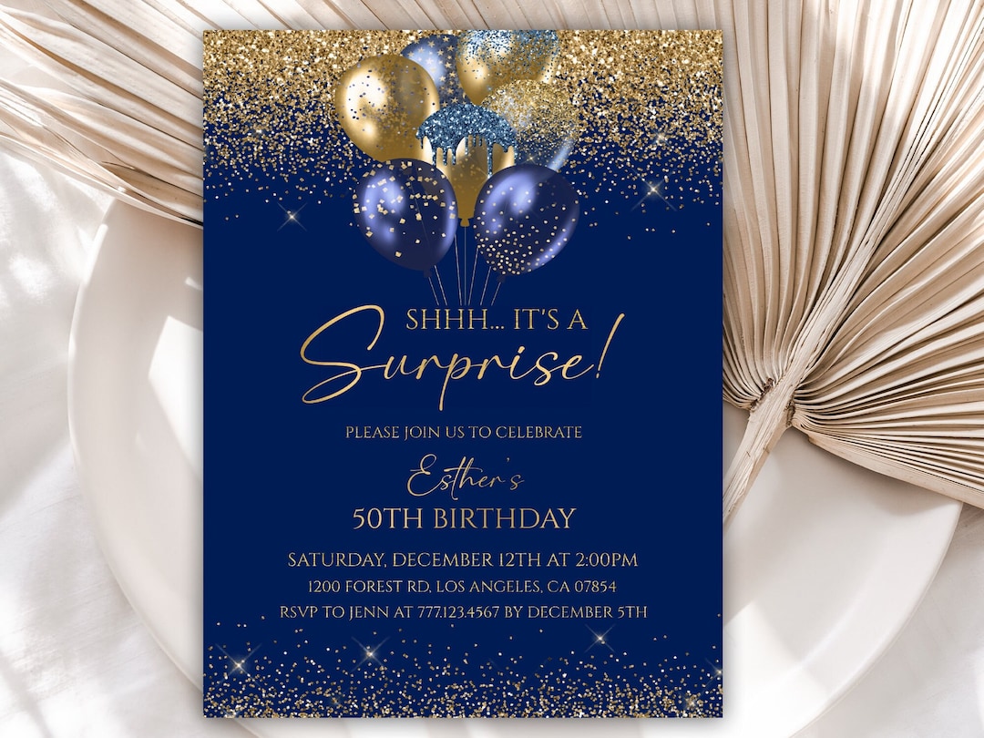 Editable Surprise Birthday Party Invitation, Blue and Gold Balloons ...