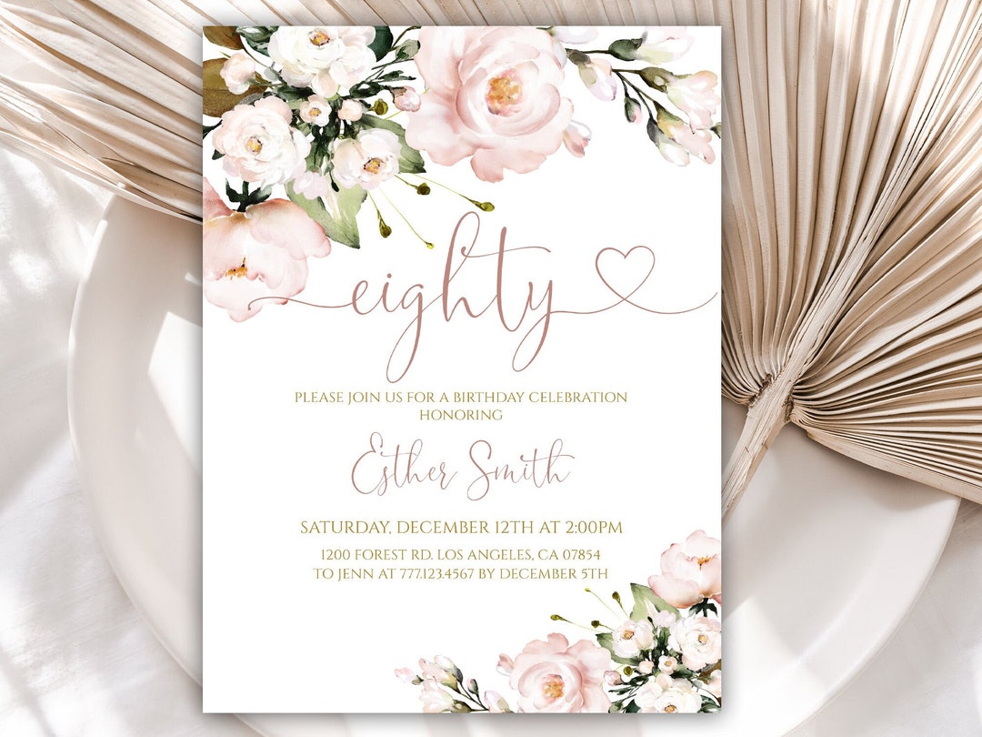 Editable 80th Birthday Invitation, Blush Pink Floral Birthday ...