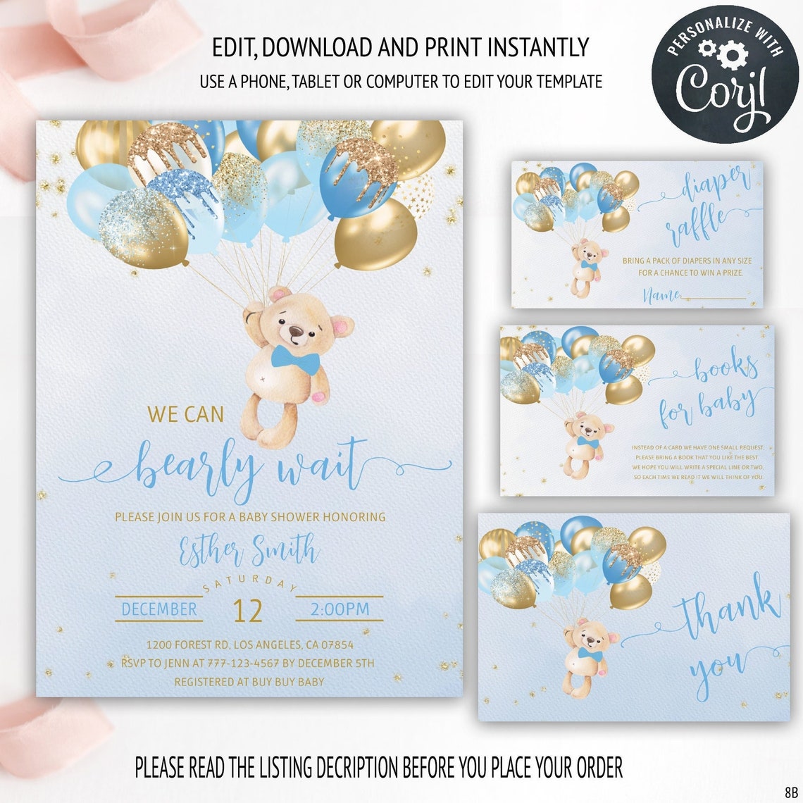 Editable Teddy Bear Baby Shower Invitation Boy Bear With | Etsy