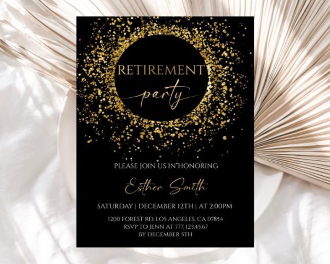 Editable Gold Retirement Invitation, Gold Glitter Retirement Party ...