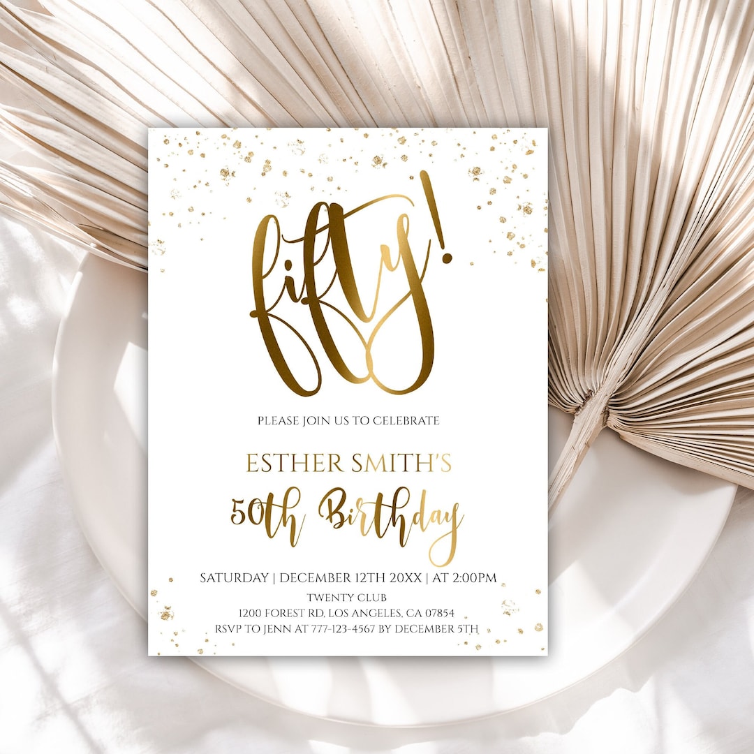 Editable 50th Birthday Invitation Template, White Gold Fifty Birthday ...