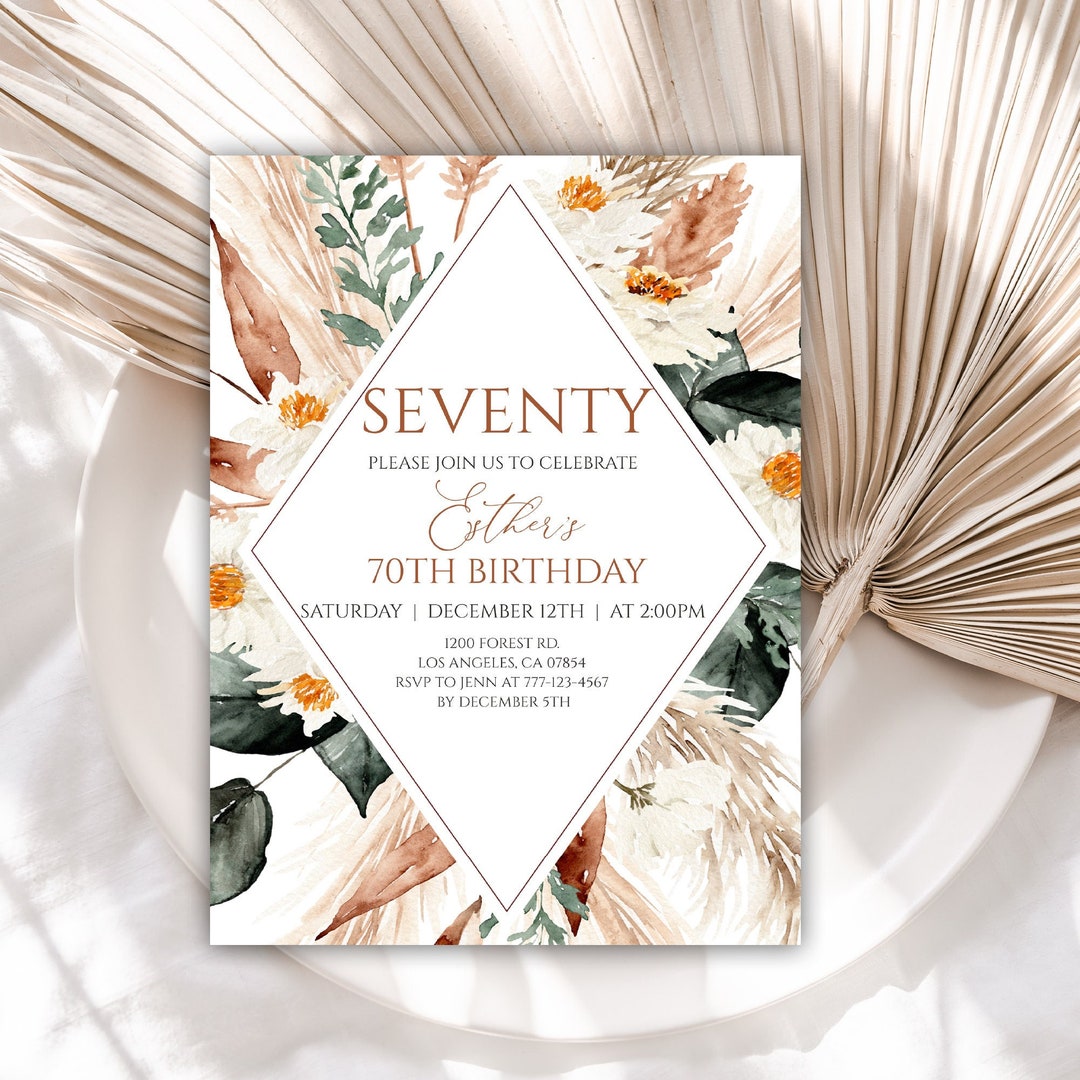 70th Birthday Invitation Template, Birthday Invitations, Boho Birthday ...