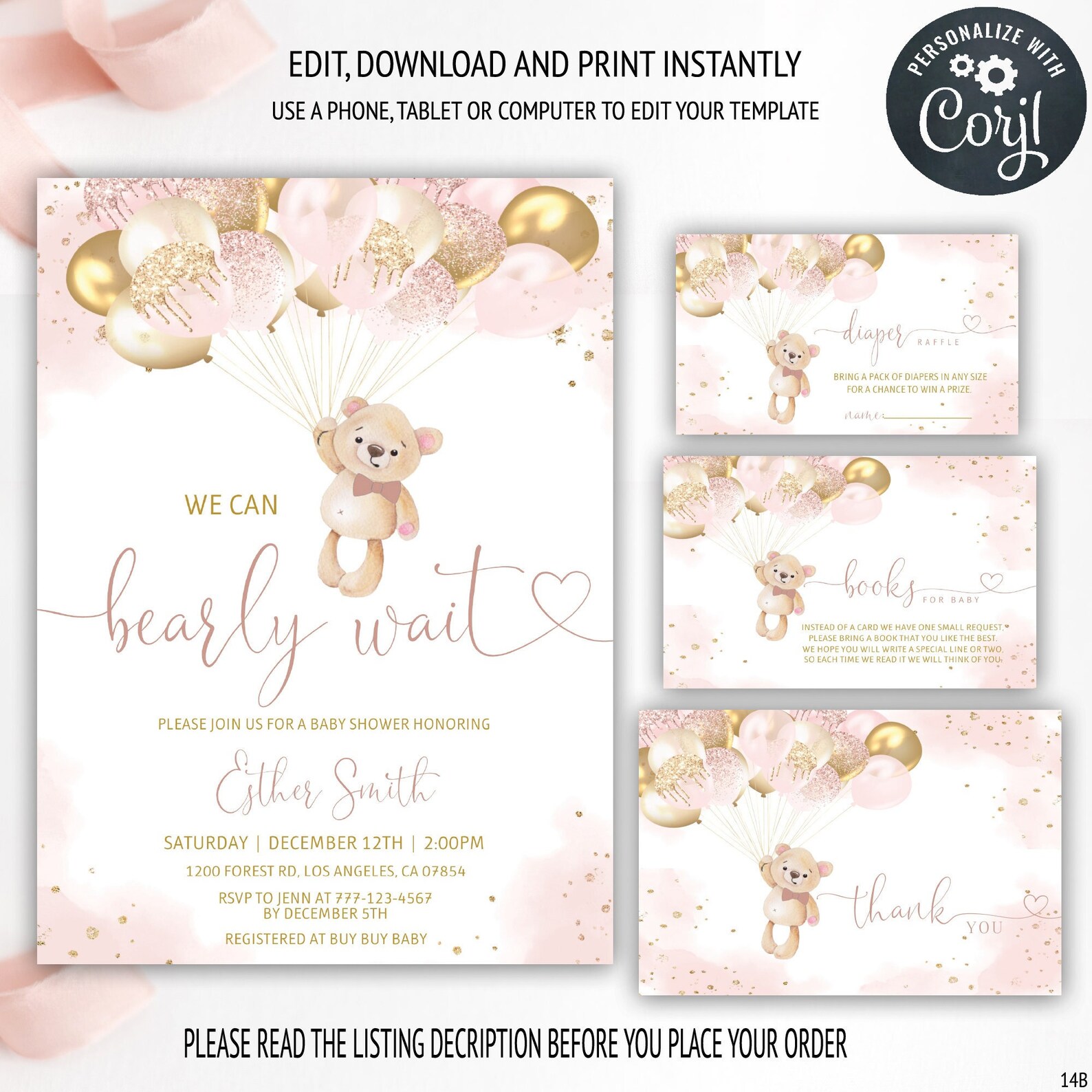 Editable Teddy Bear Baby Shower Invitation Set Bear With - Etsy