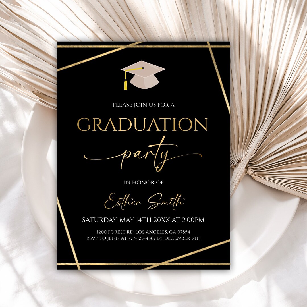Editable Graduation Party Invitation, Black and Gold Graduation ...