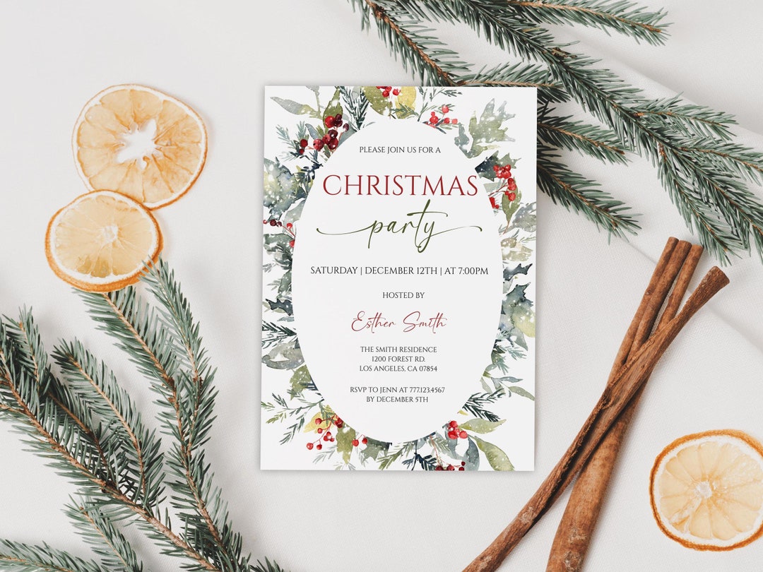 Editable Christmas Party Invitation Template, Holly Berries Christmas ...