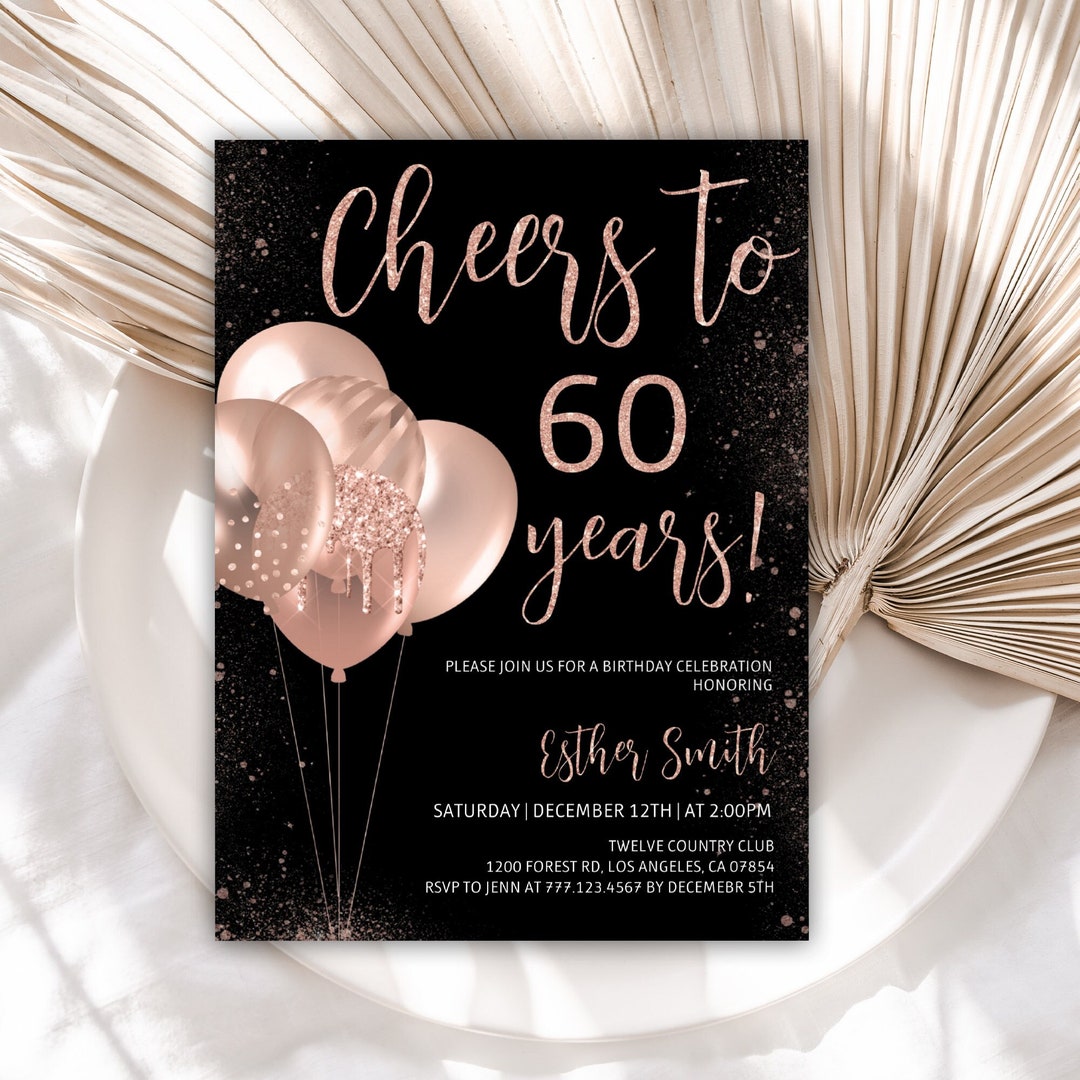 60th Birthday Invitation, Birthday Invitations, Rose Gold Glitter ...