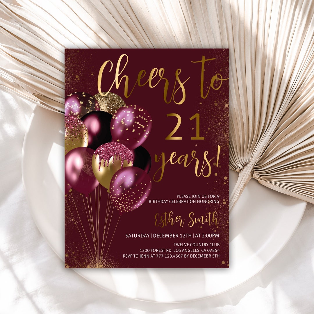 Printable 21st Birthday Invitation Template, Burgundy and Gold Glitter ...