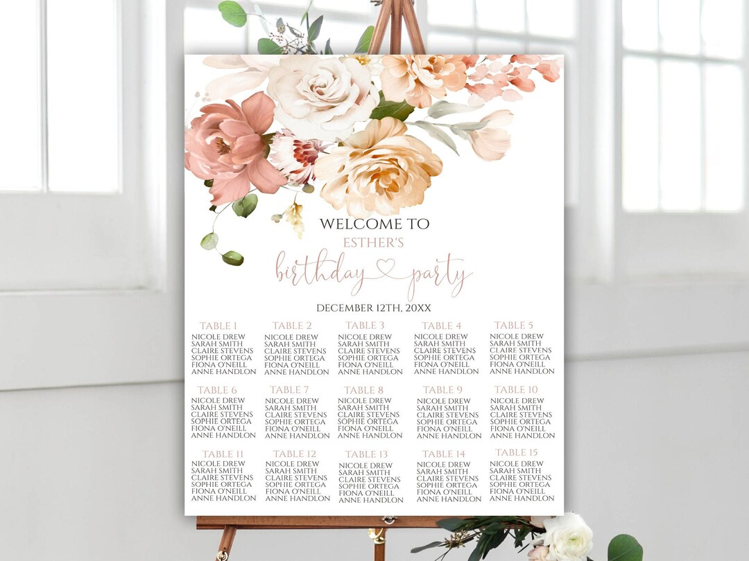 Editable Floral Birthday Seating Chart, Boho Birthday Seating Chart ...