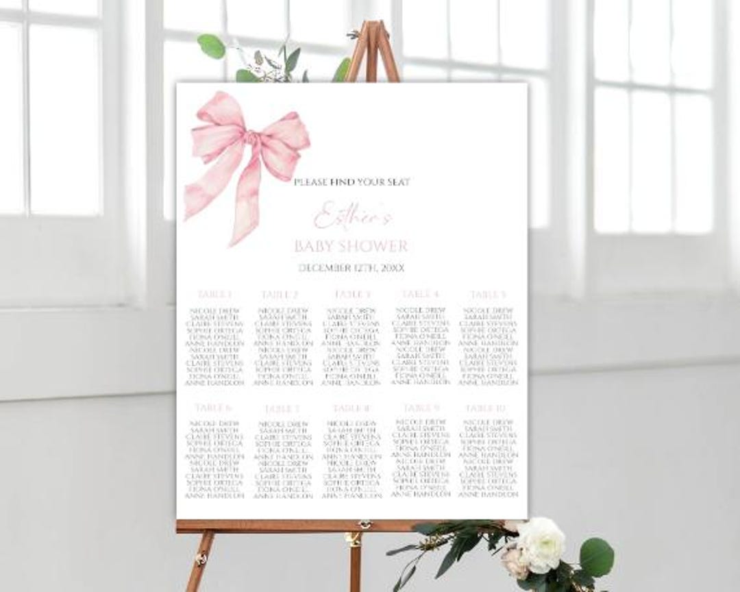 Editable Pink Bow Baby Shower Seating Chart, Ribbon Bow Seating Chart ...