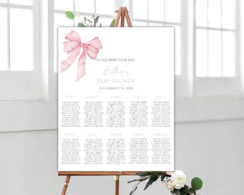 Editable Pink Bow Baby Shower Seating Chart, Ribbon Bow Seating Chart ...
