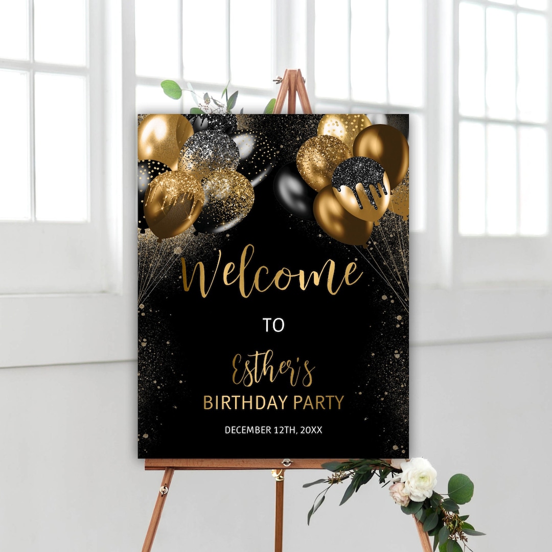 Birthday Welcome Sign, Black and Gold Glitter Balloons Birthday Party ...