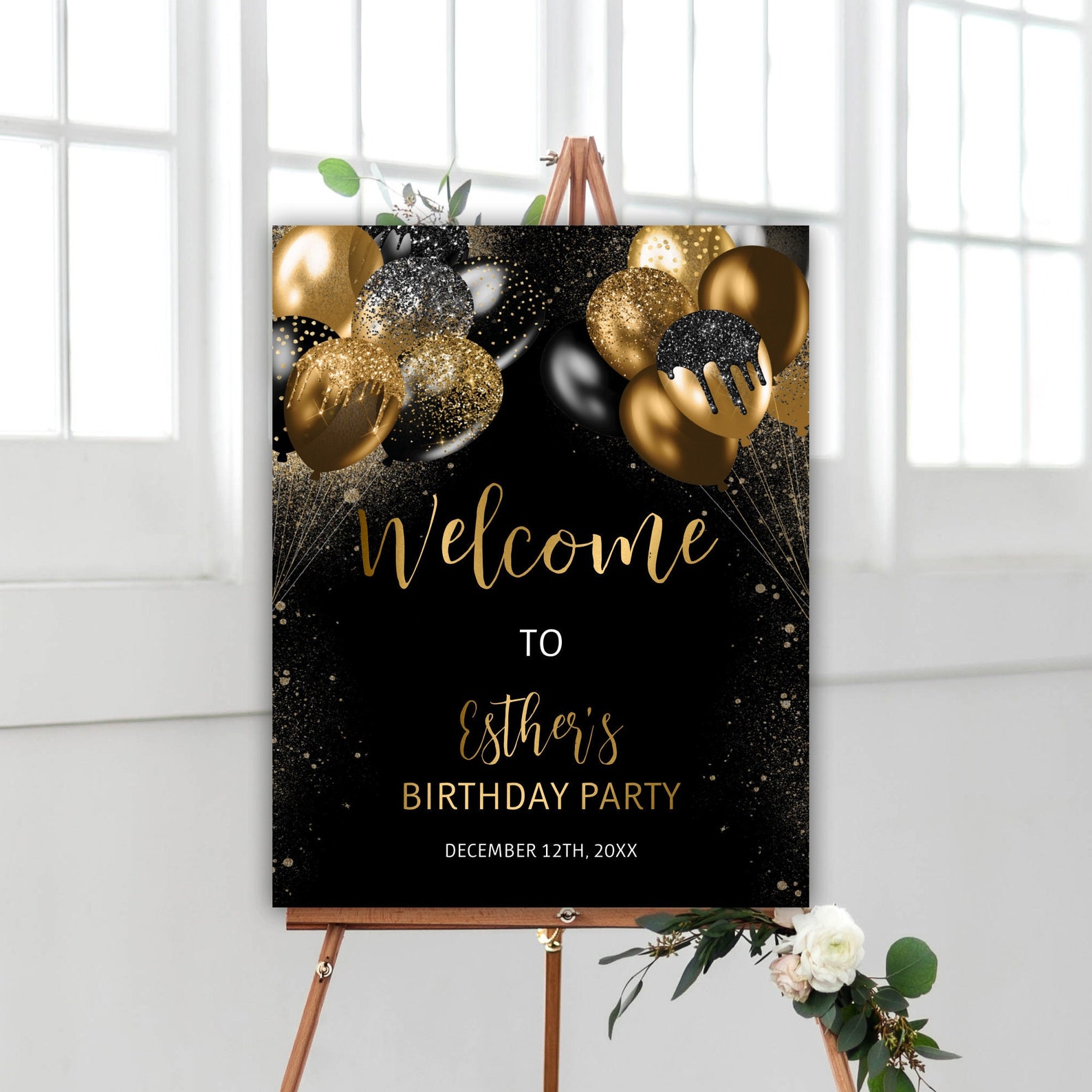 Birthday Welcome Sign, Black and Gold Glitter Balloons Birthday Party ...