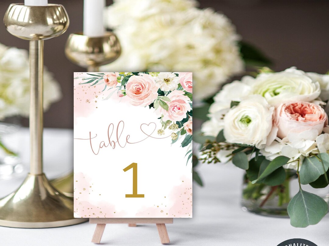 Blush Pink Floral Table Numbers, Table Number Template, Printable Baby ...