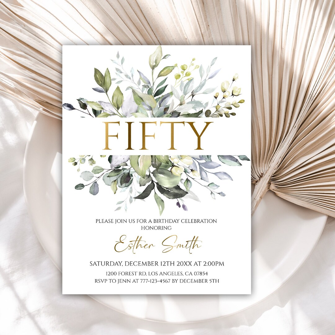Editable 50th Birthday Invitation, Eucalyptus Birthday Invitation ...