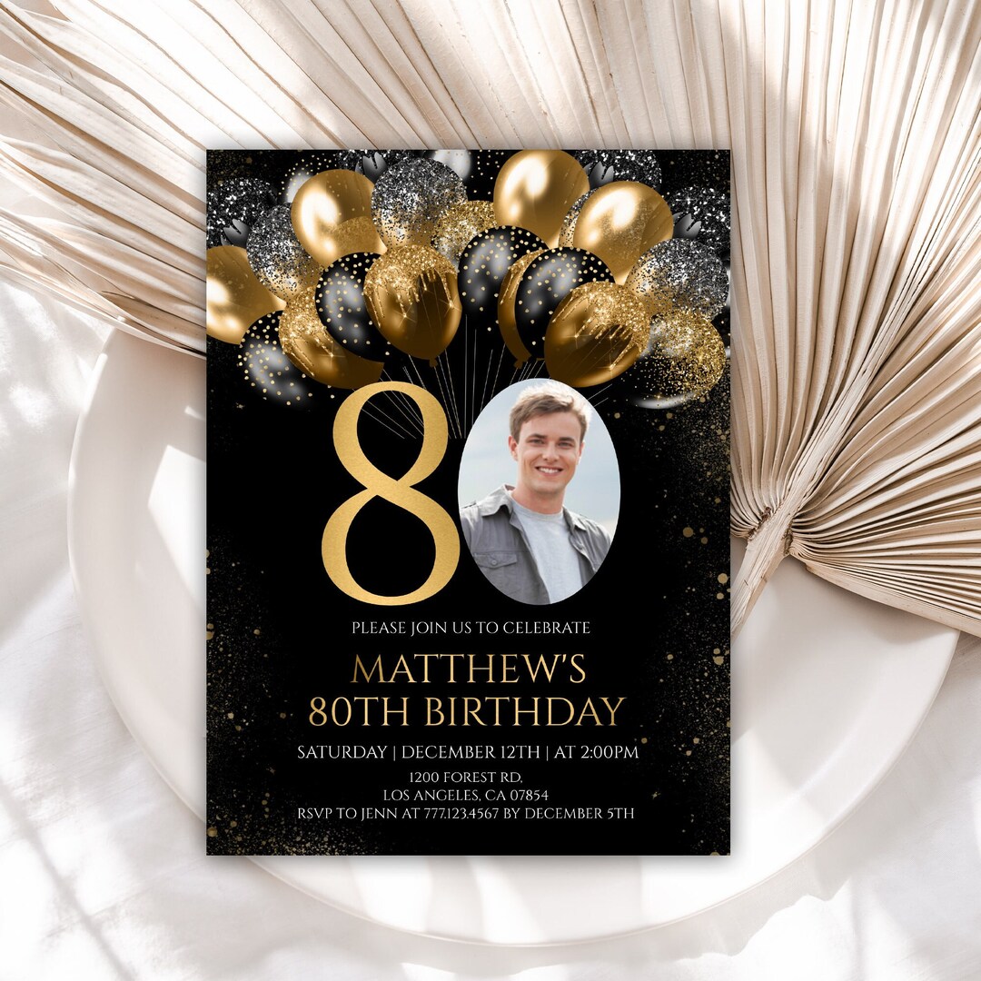 Editable 80th Birthday Invitation, Balloons Birthday Invitation, Black ...