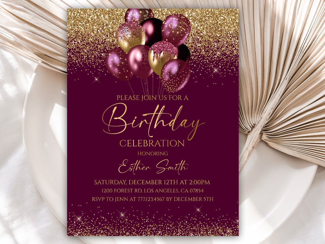 Editable Birthday Invitation, Burgundy and Gold Balloons Birthday ...