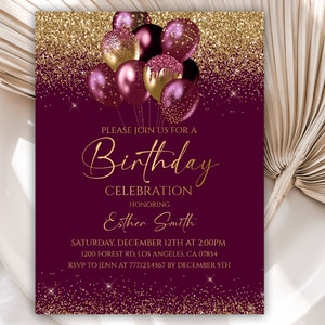Editable Birthday Invitation, Burgundy and Gold Balloons Birthday ...