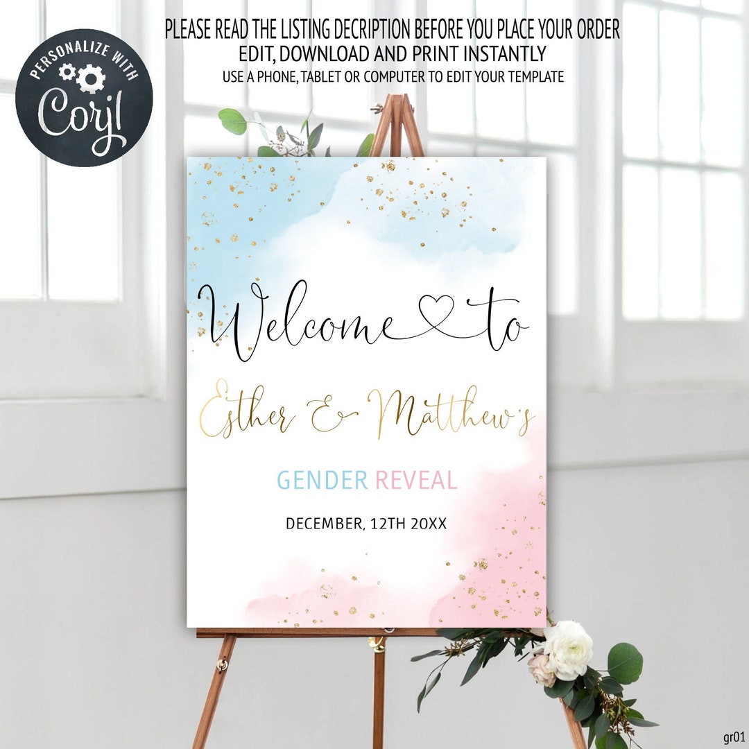 Welcome Sign Template, Gender Reveal Welcome Sign, Watercolor Gender ...