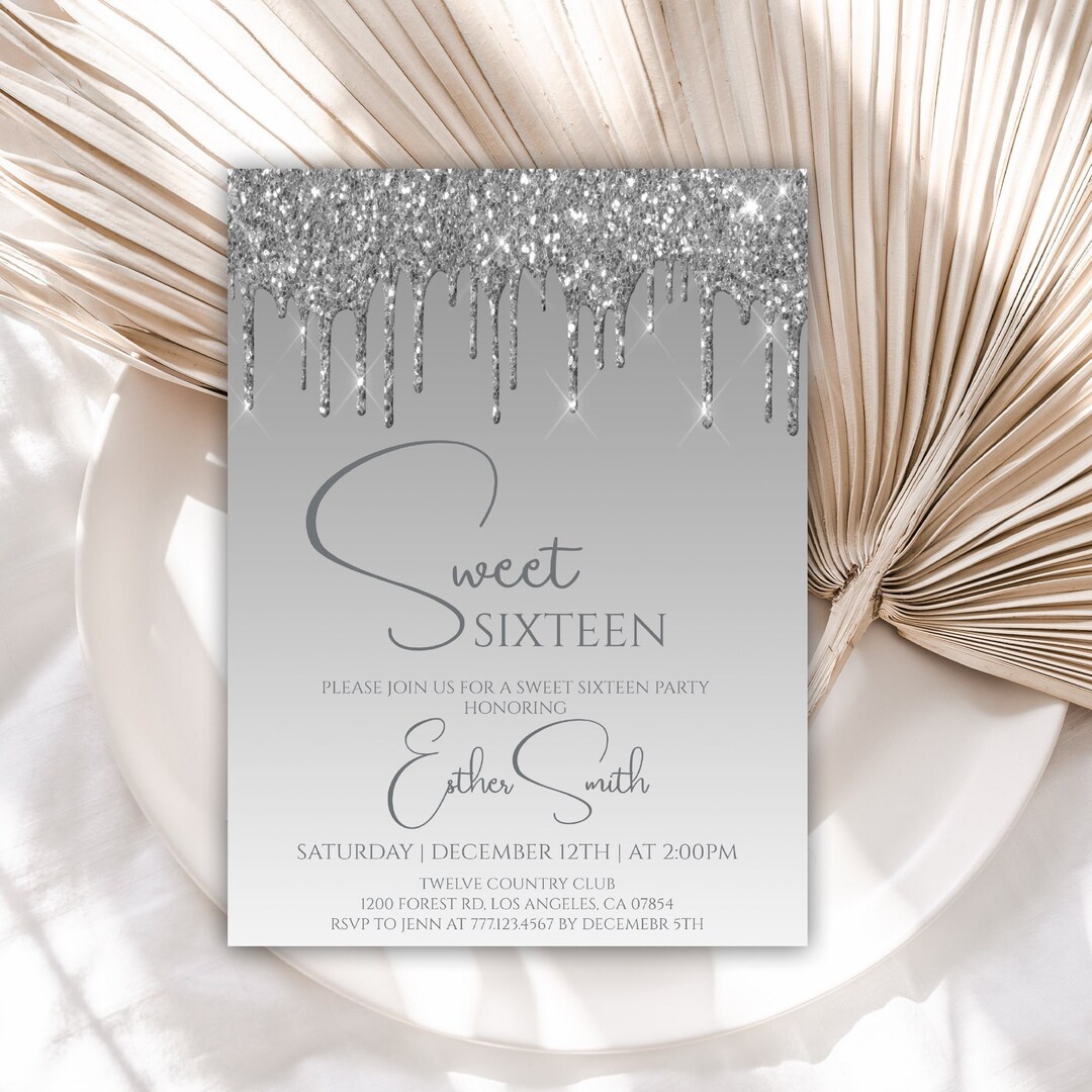 Sweet 16 Invitation, 16th Birthday Invitations, Silver Glitter Drip ...