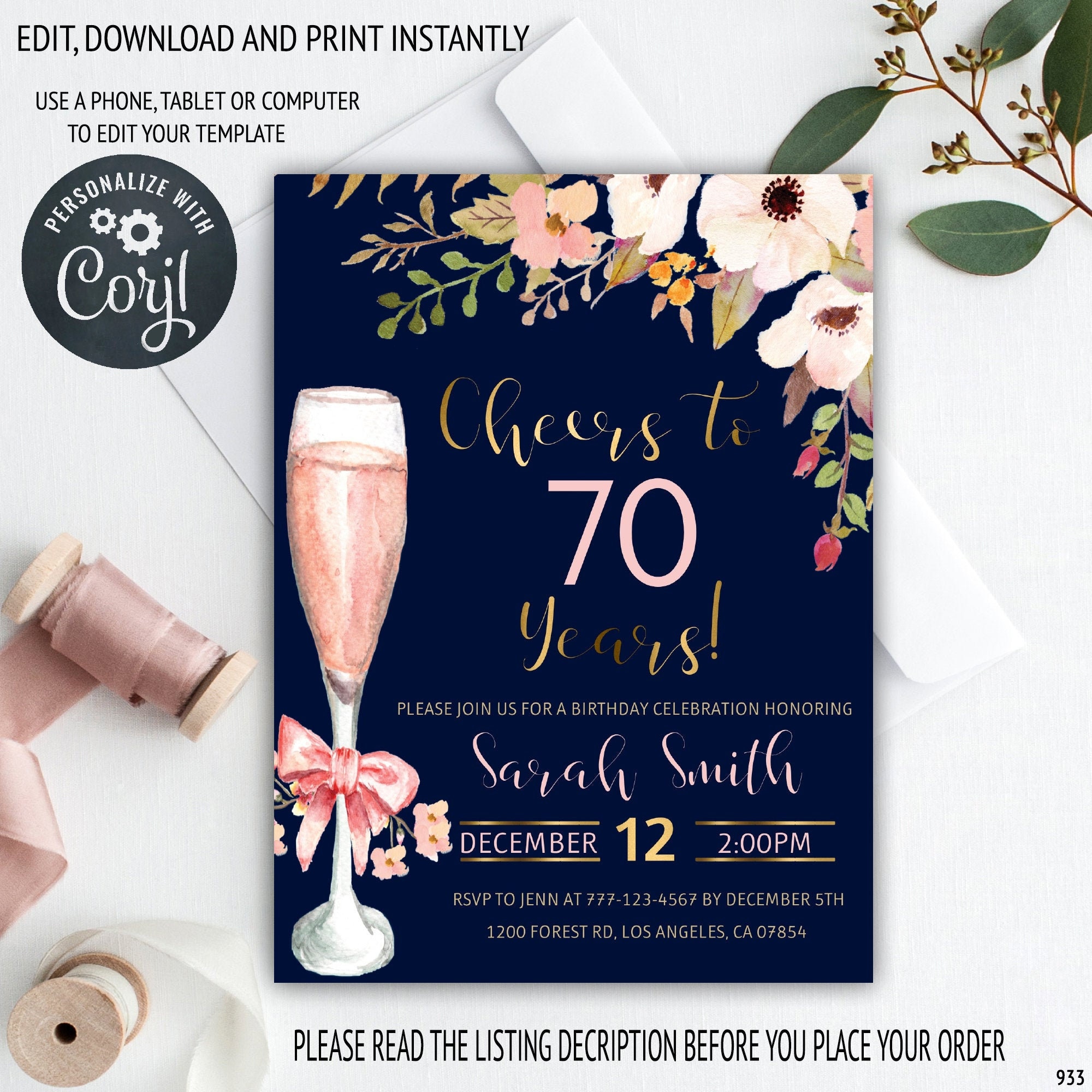 Invitación de cumpleaños número 70 para mujeres adultas - Etsy México Invitación de cumpleaños número 70 para mujeres adultas - Etsy México