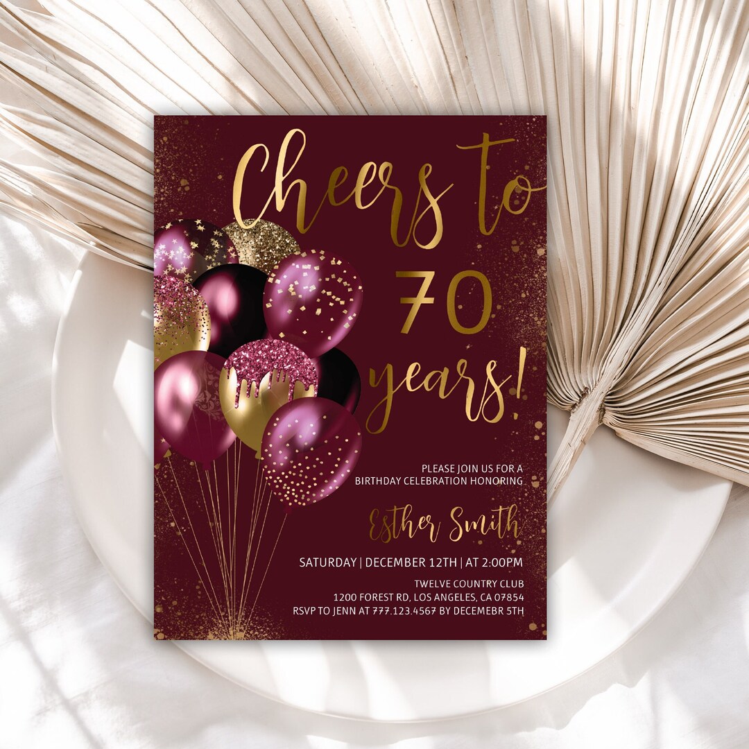 Printable 70th Birthday Invitation Template, Burgundy and Gold Glitter ...