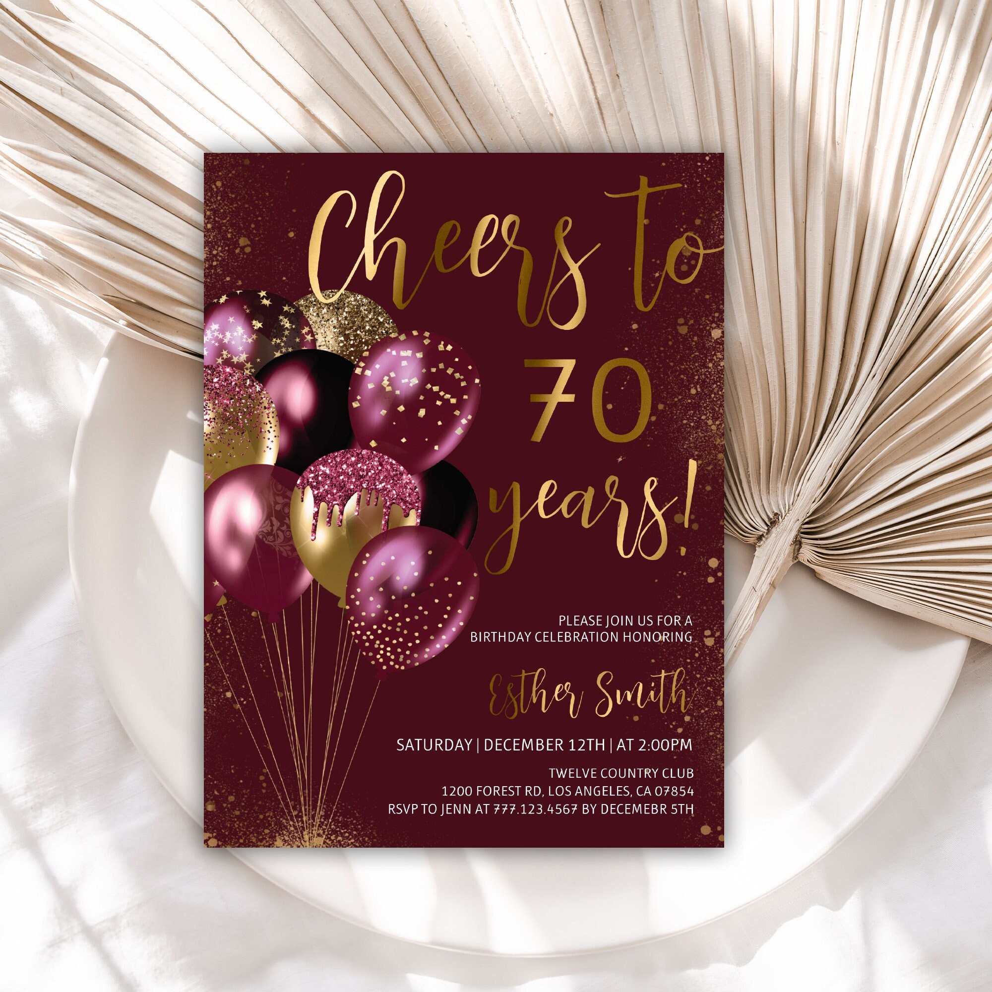Printable 70th Birthday Invitation Template Burgundy and Gold - Etsy
