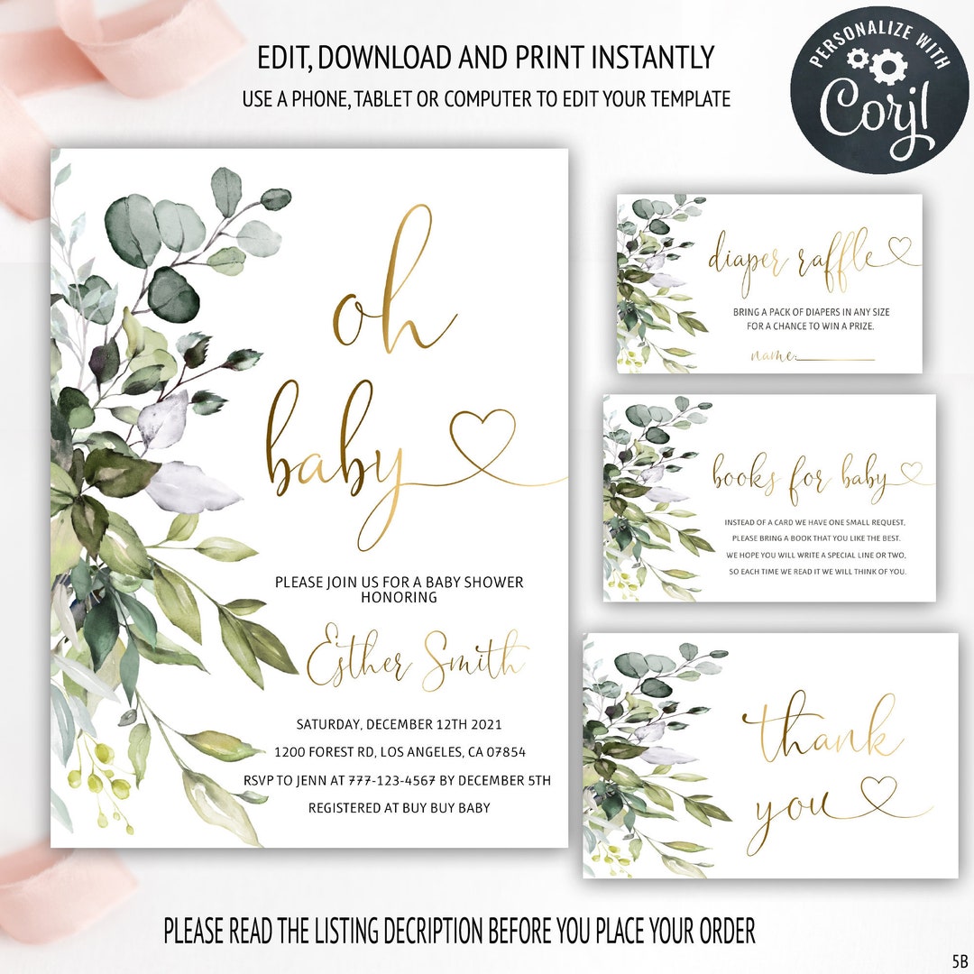 Oh Baby Invitation, Baby Shower Invitation, Greenery Baby Shower Invite ...