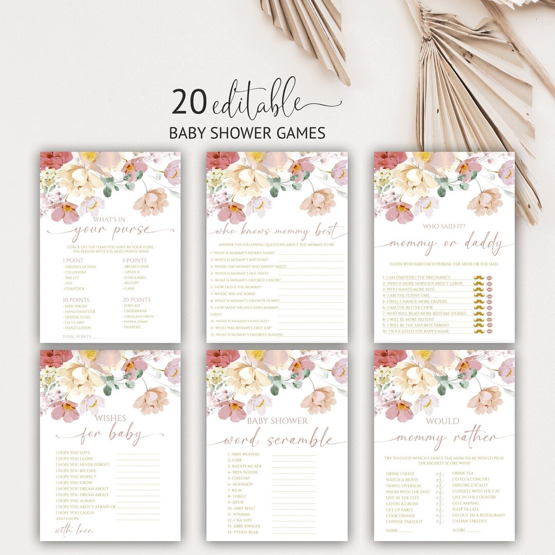 Editable Wildflower Baby Shower Games, Floral Baby Shower Game Bundle ...