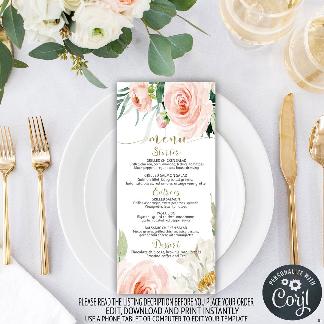 Wedding Menu Card Template, Printable Wedding Menu Cards, Dinner Menu ...