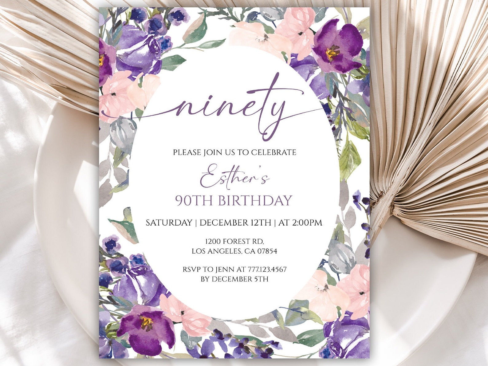Editable 90th Birthday Invitation, Lavender Birthday Invitation, Floral ...