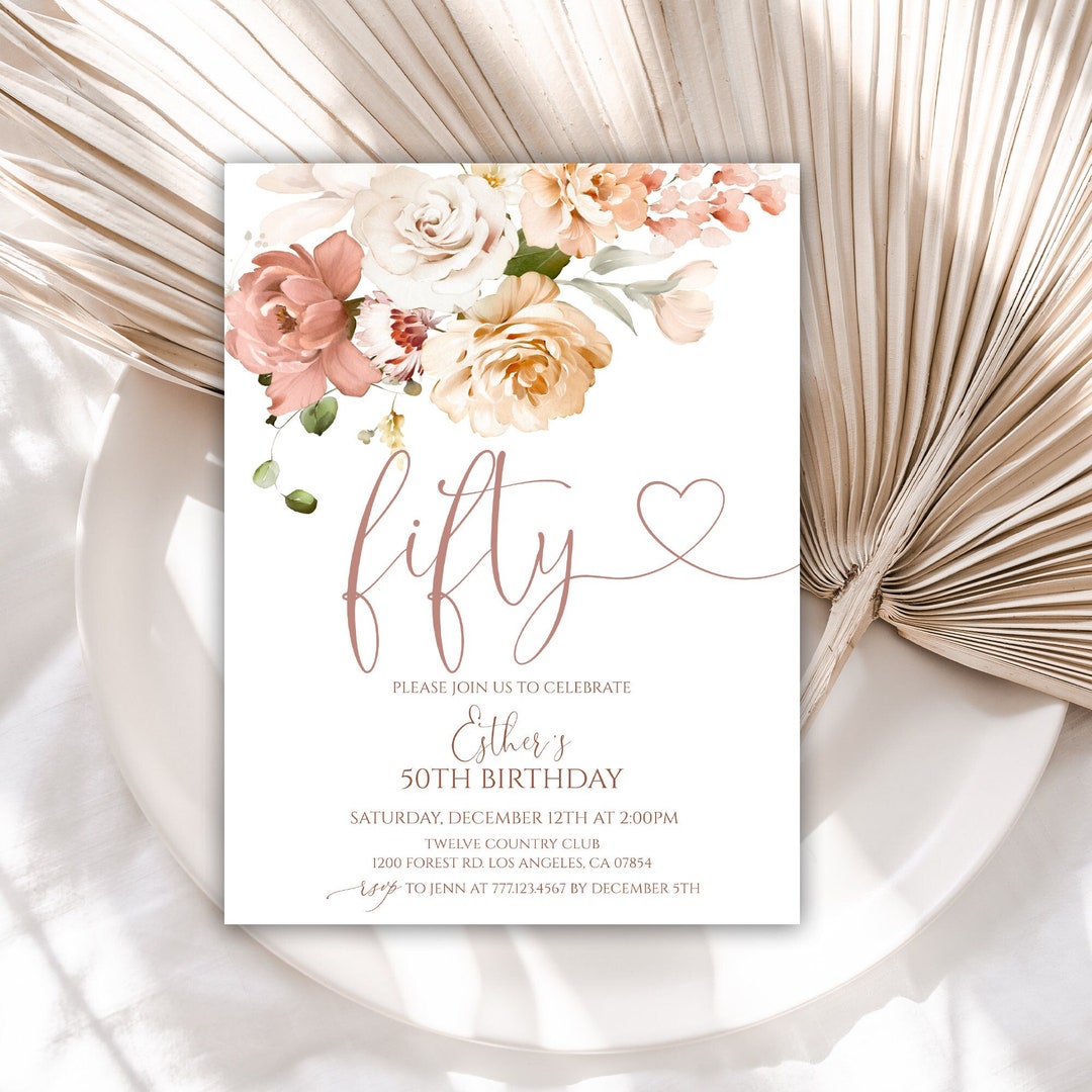 50th Birthday Invitation, Birthday Party Invitations for Women, Floral ...