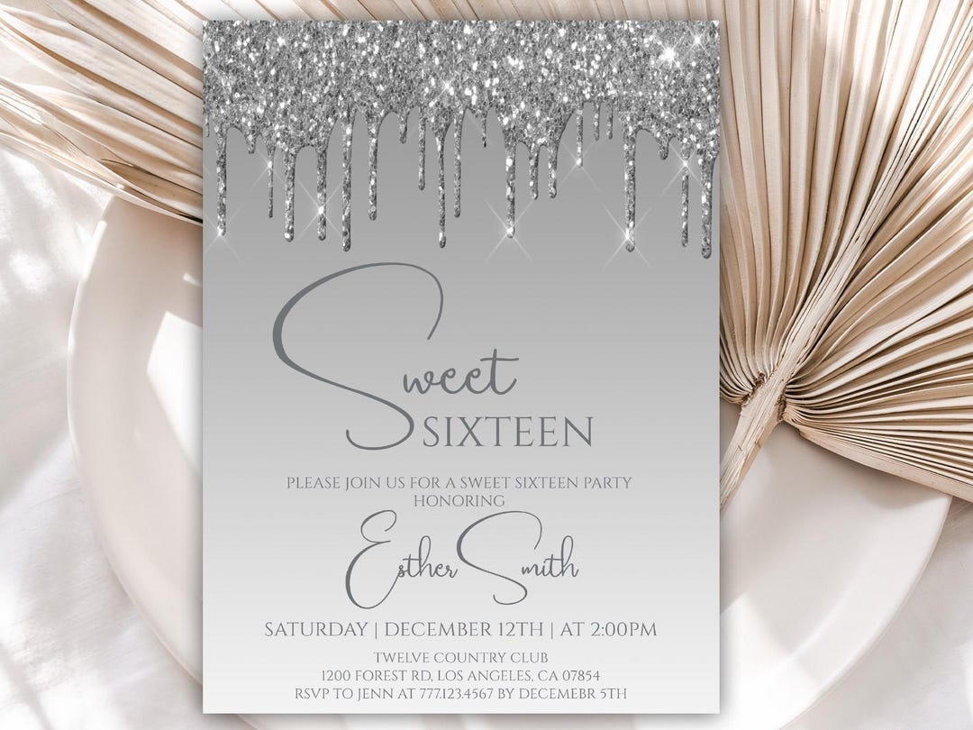 Sweet 16 Invitation, 16th Birthday Invitations, Silver Glitter Drip ...
