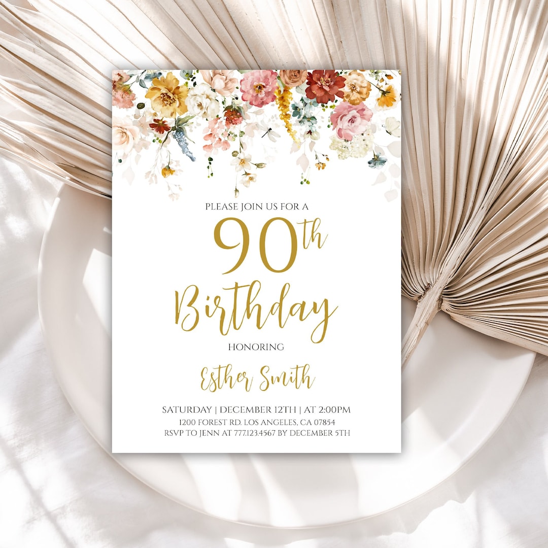 90th Birthday Invitation, 90th Birthday Invitations for Women, Flower ...
