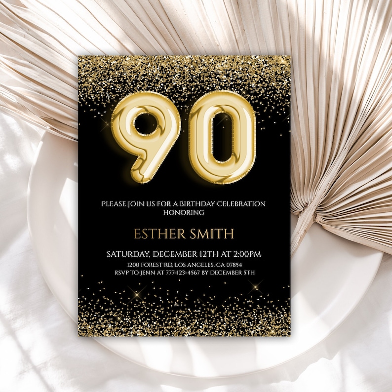 90th Birthday Invitation Gold Glitter Confetti Birthday - Etsy