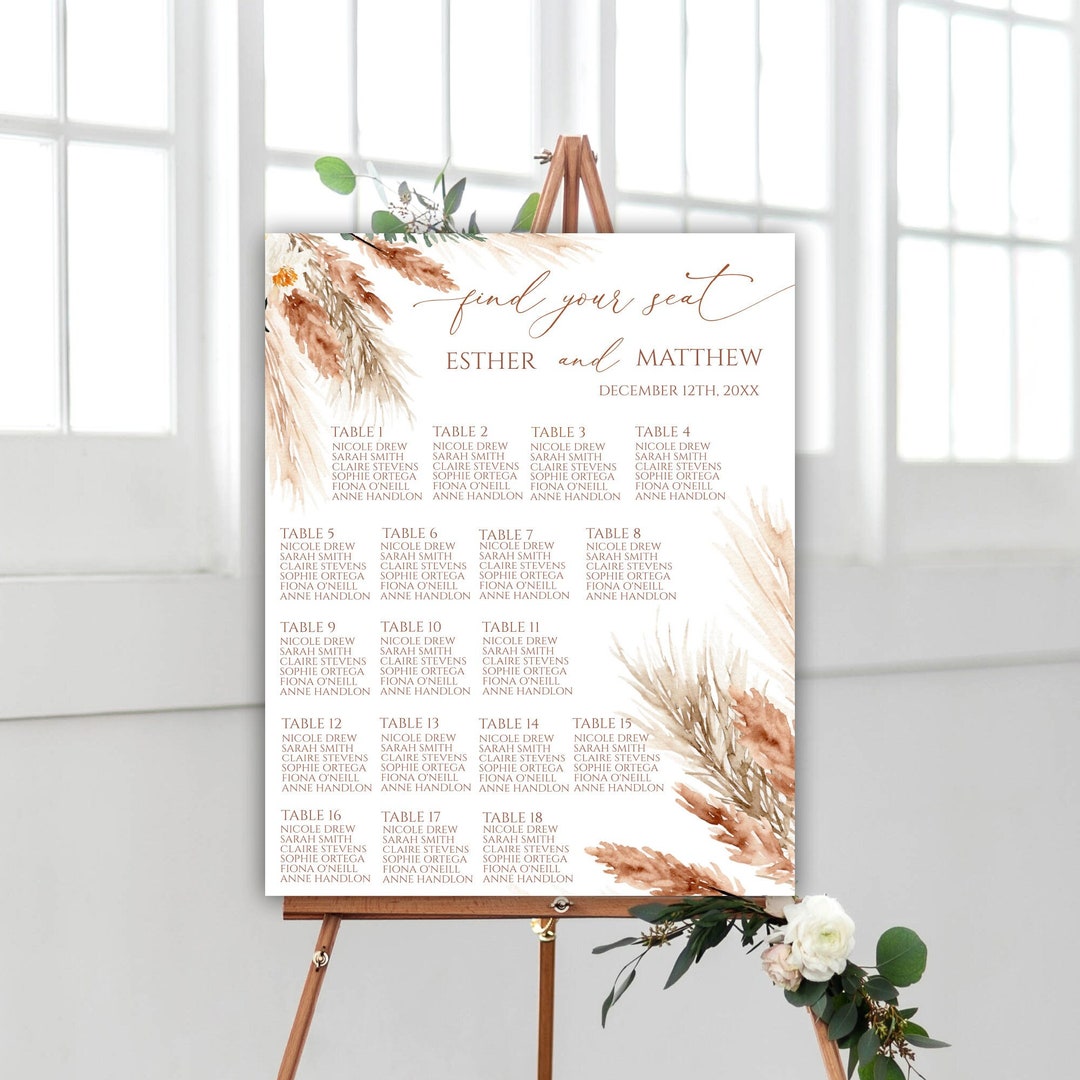 Boho Wedding Seating Chart Template, Seating Chart Wedding Sign, Pampas ...