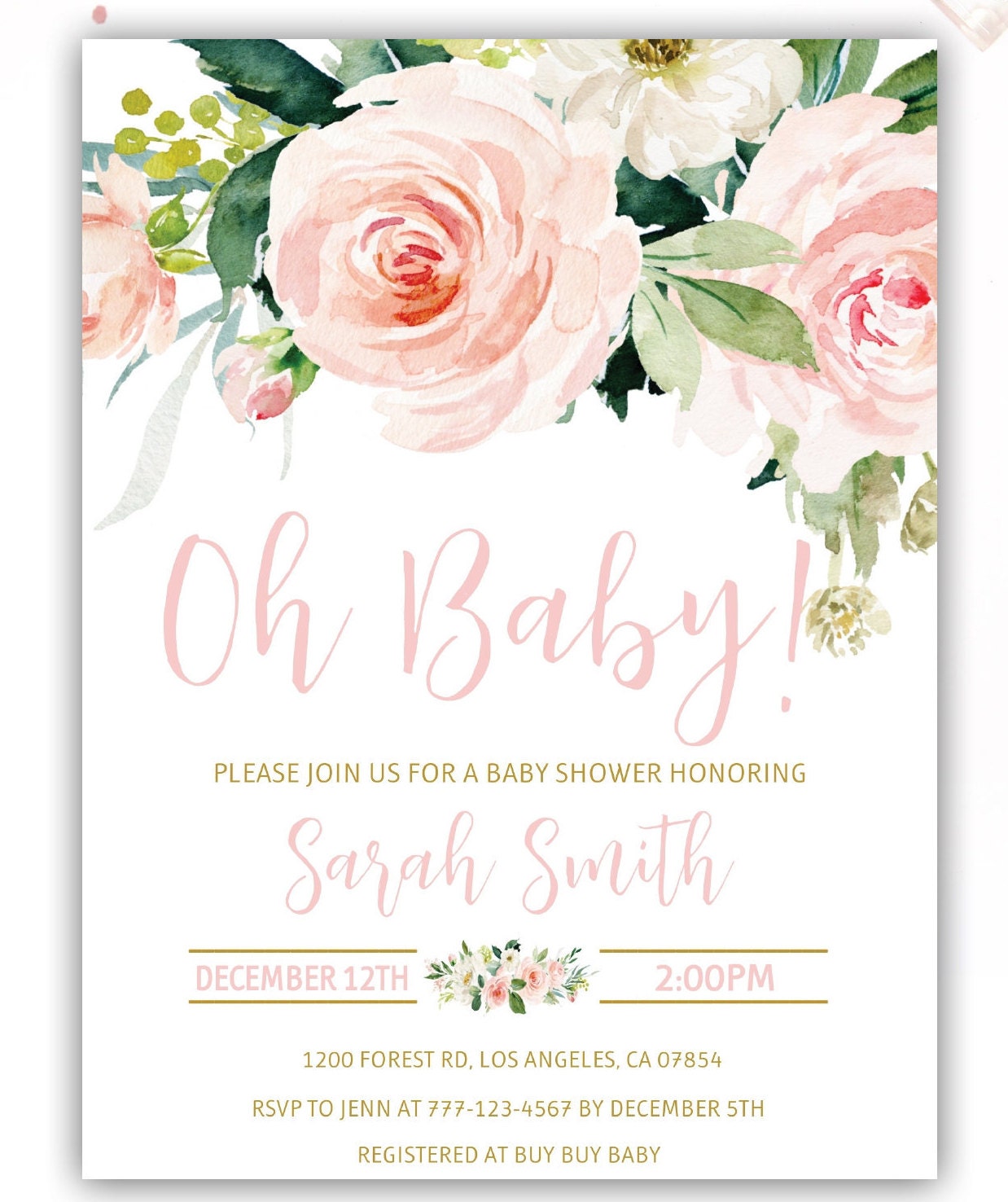 Floral Baby Shower Invitation Girl Oh Baby Invite Instant | Etsy