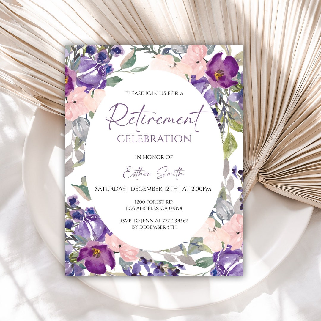 Editable Lavender Floral Retirement Invitation, Purple Flower ...